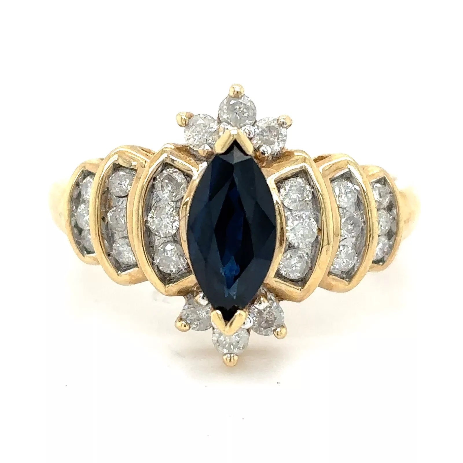 14K GOLD MARQUIS CUT BLUE SAPPHIRE THREE TIER DIAMOND RING – Caroline's ...