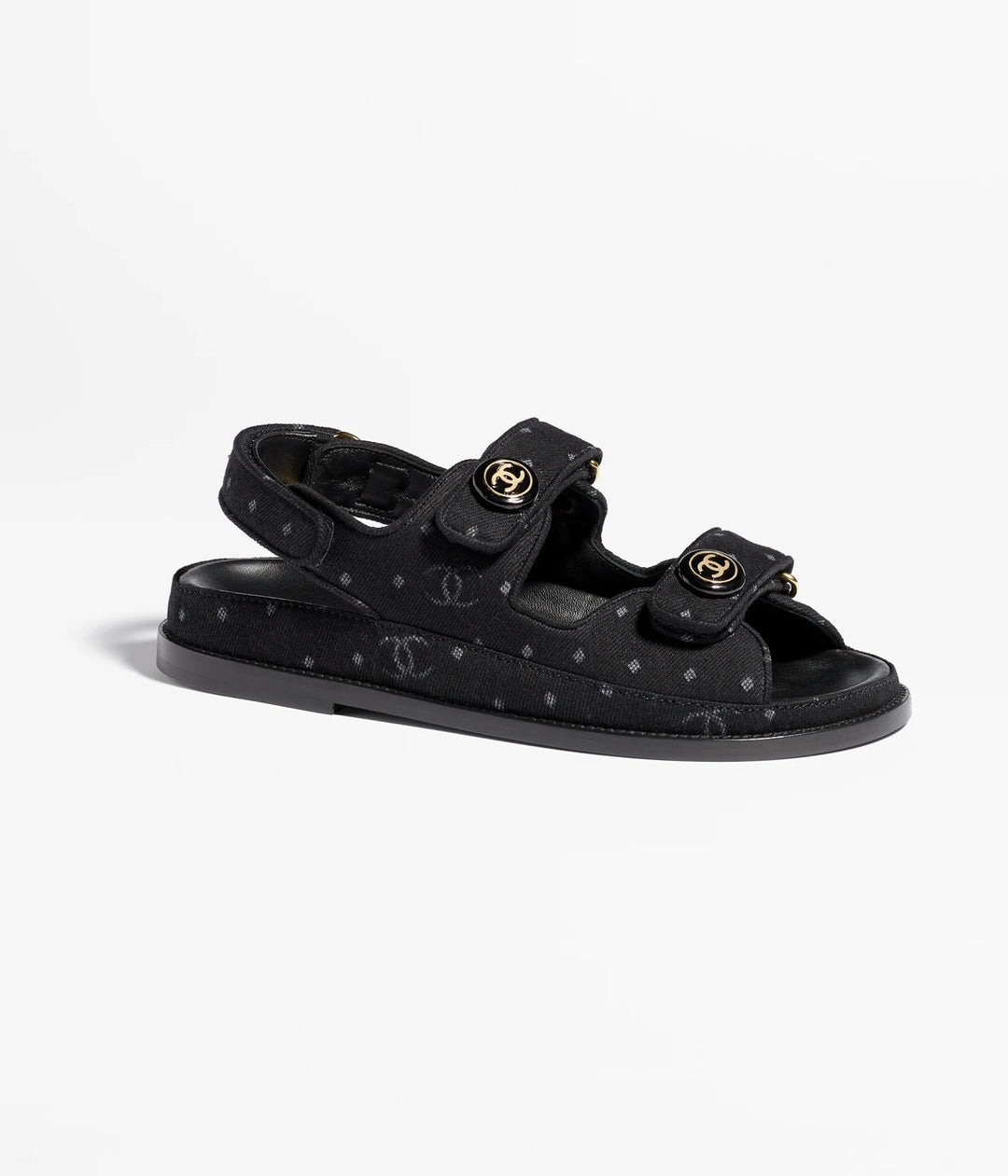 CHANEL CC VELCRO PRINTED DENIM SANDALS Caroline s Fashion Luxuries