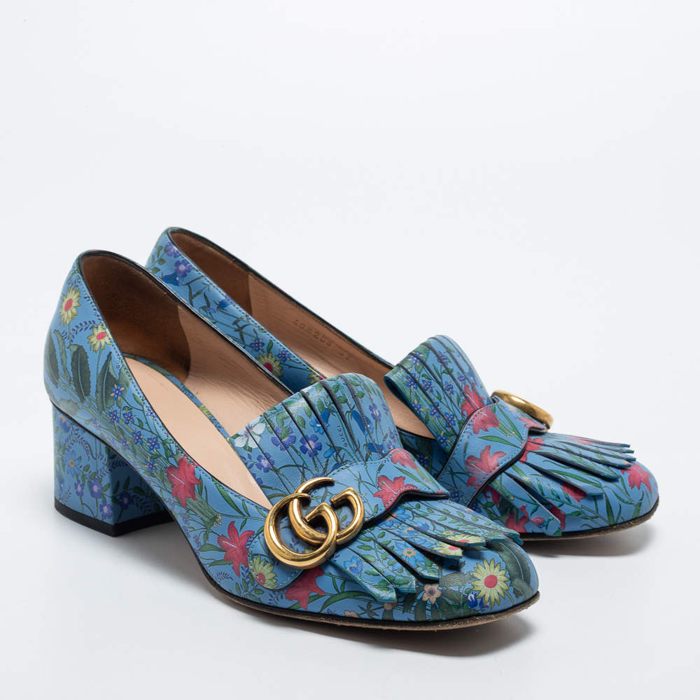 GUCCI GG MARMONT CALFSKIN FLORA FRINGE BLOCK HEEL PUMPS – Caroline's ...