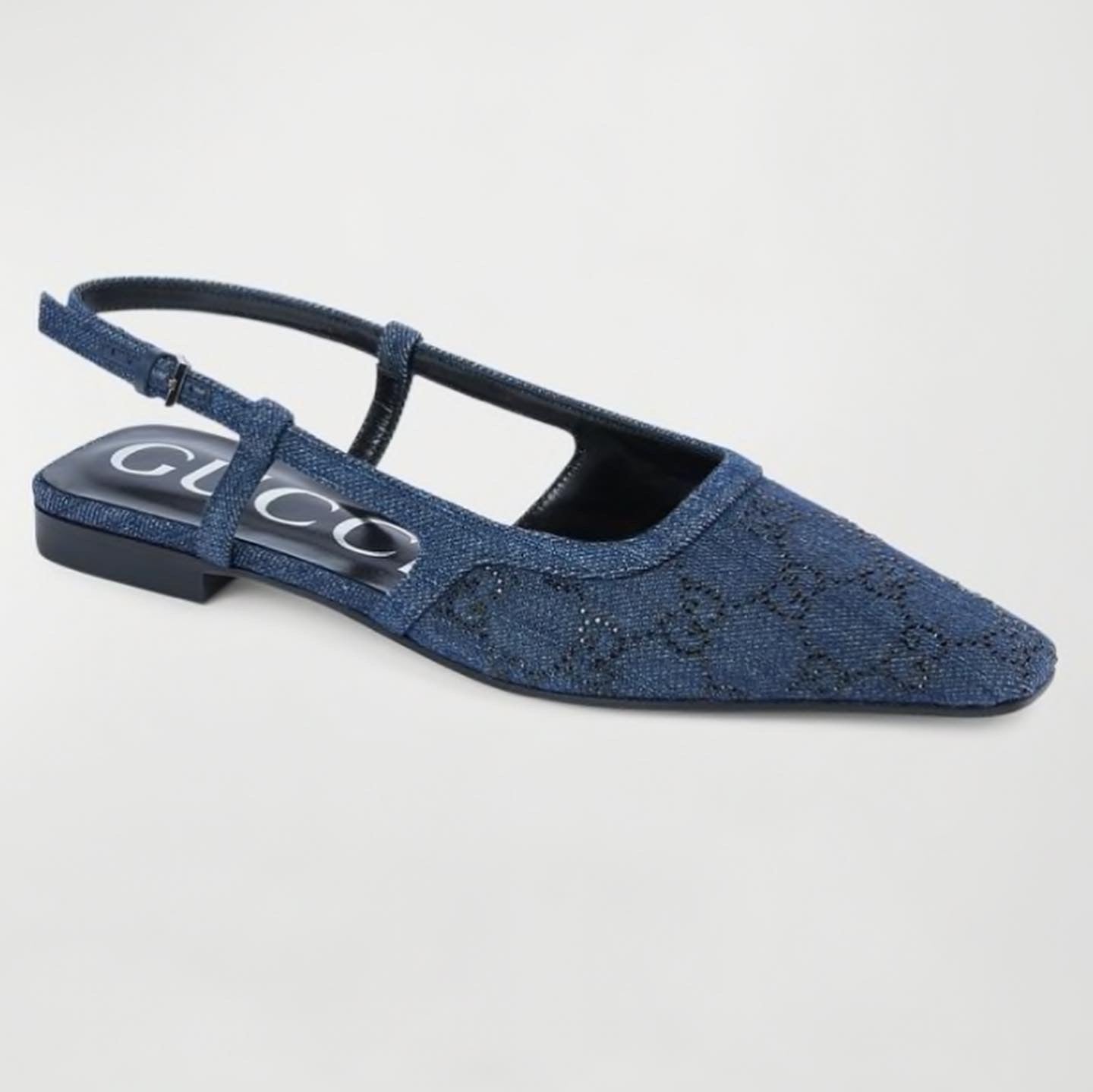 GUCCI DEMI CRYSTAL EMBELLISHED GG DENIM SLINGBACK BALLERINA FLATS ...